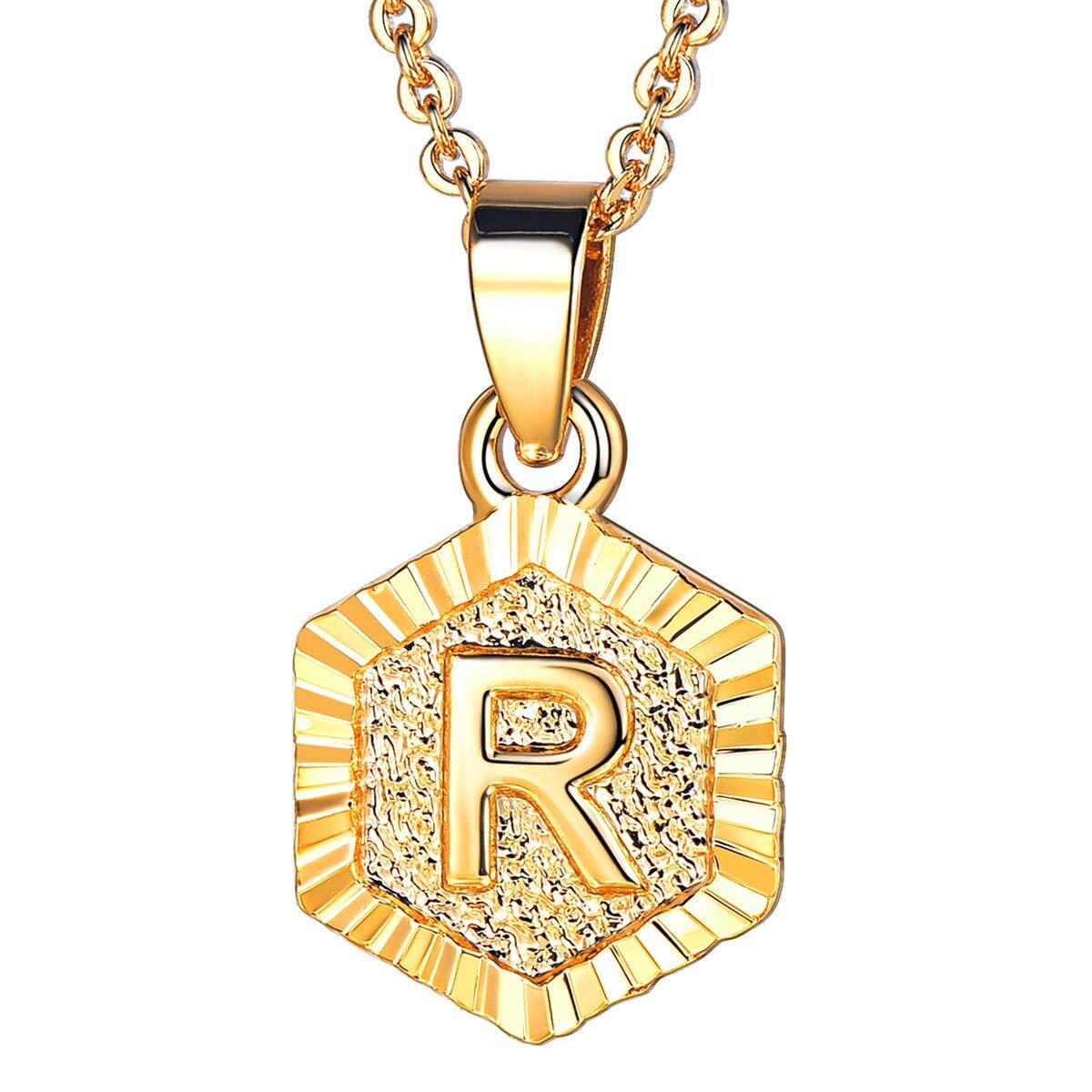 FOCALOOK Gold Initial Necklace for Women Men Hexagon Capital Letter R ...