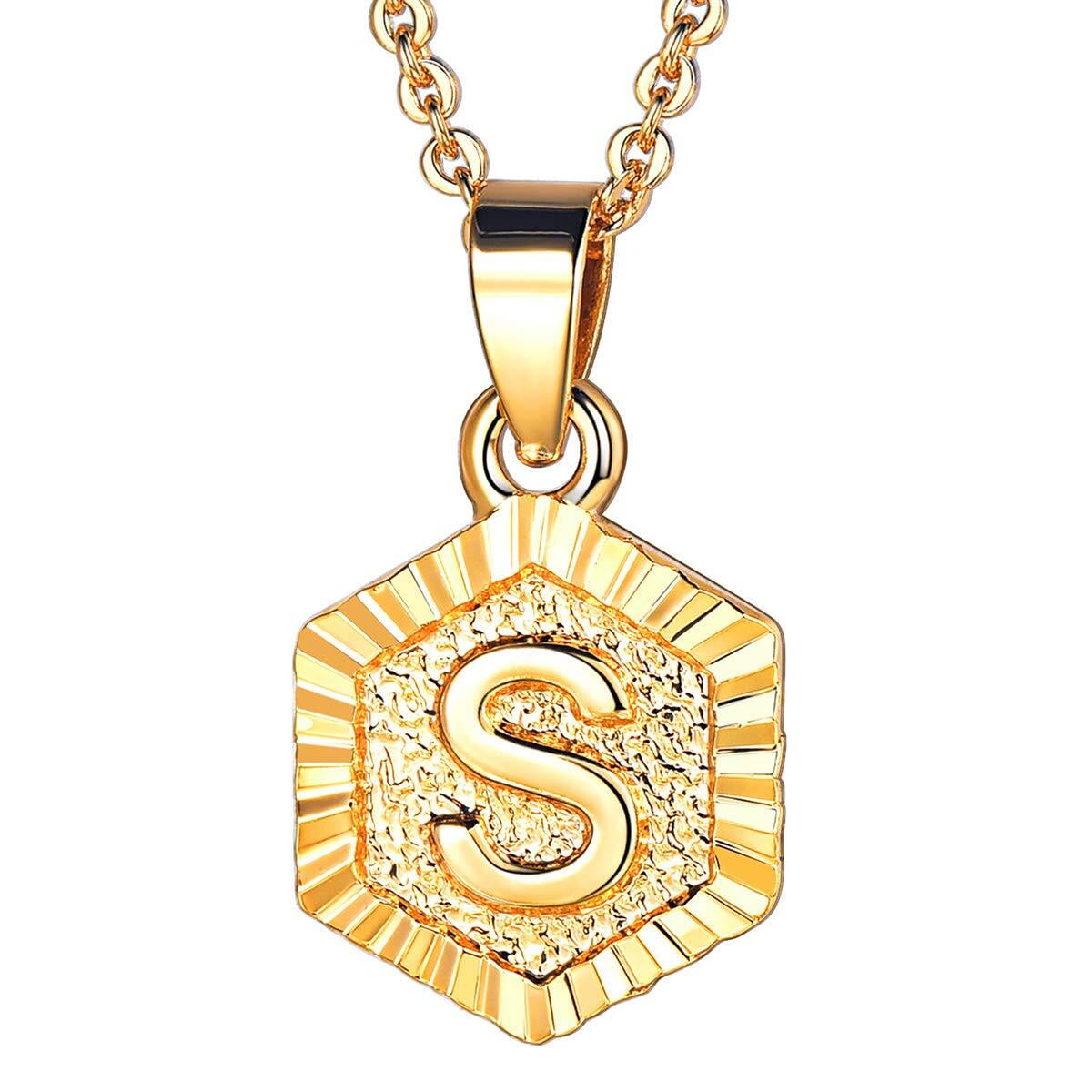 FOCALOOK Gold Initial Necklace for Women Men Hexagon Capital Letter S ...
