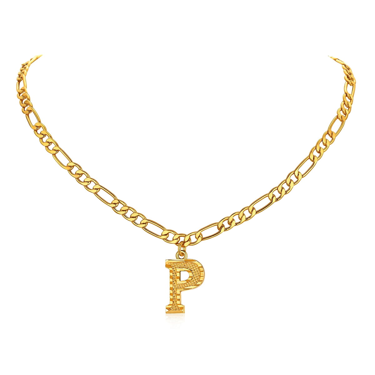 FOCALOOK Initial P Necklaces for Women Men Gold Plated Figaro Chain 16 ...