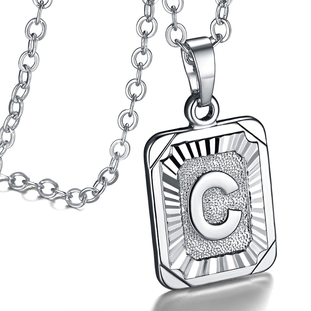 FOCALOOK Initial Pendant Necklace for Women Men Silver Dog Tag Letter C ...