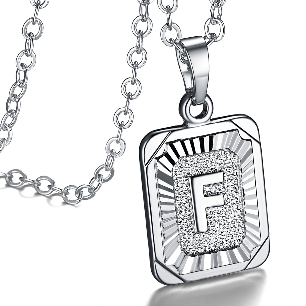 FOCALOOK Initial Pendant Necklace for Women Men Silver Dog Tag Letter F ...
