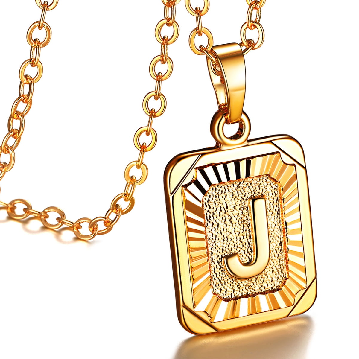 FOCALOOK Initial Pendant Necklace for Women Men Gold Dog Tag Letter J ...