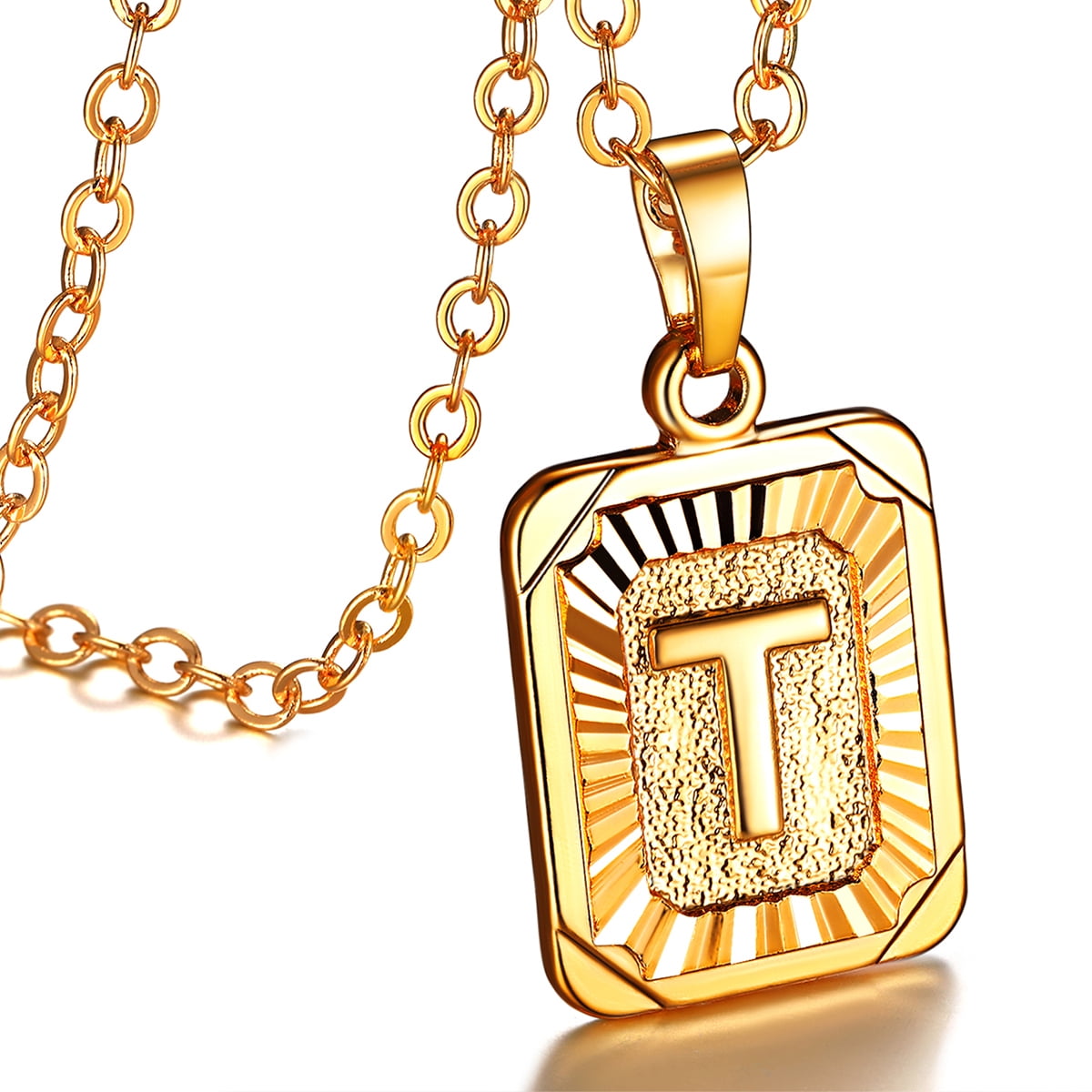 FOCALOOK Initial Pendant Necklace for Women Men Gold Dog Tag Letter T ...