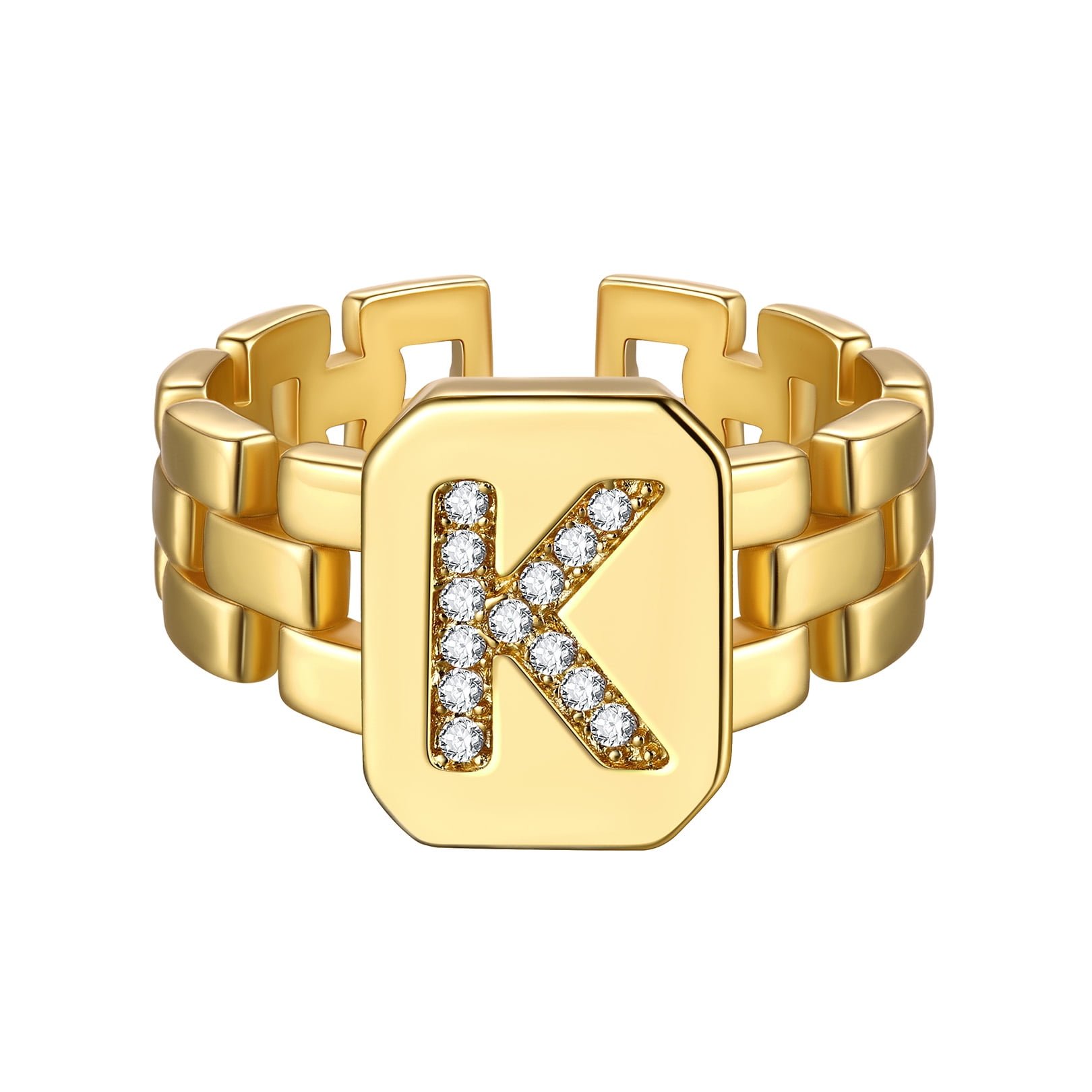 FOCALOOK Initial Rings for Women Gold Plated Adjustable Open Band Rings Chunky Stackable Sparkly ...