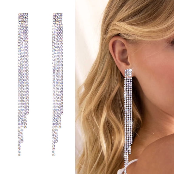 FOCALOOK Shining Long Crystal Tassel Dangle Drop Earrings, Sparkly ...