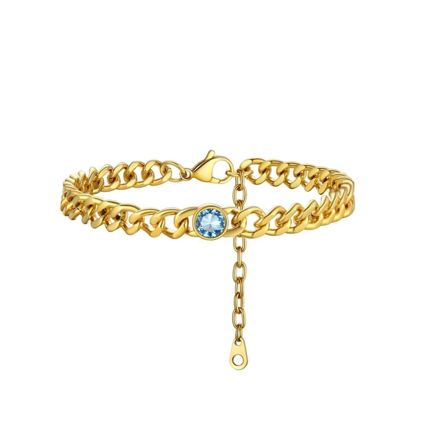 FOCALOOK March Birthstone Anklet for Women Cuban Link Ankle Bracelet Gold Plated Dainty Foot Chain Simulated Aquamarine Gemstone Jewelry Birthday Gifts Walmart Business Supplies