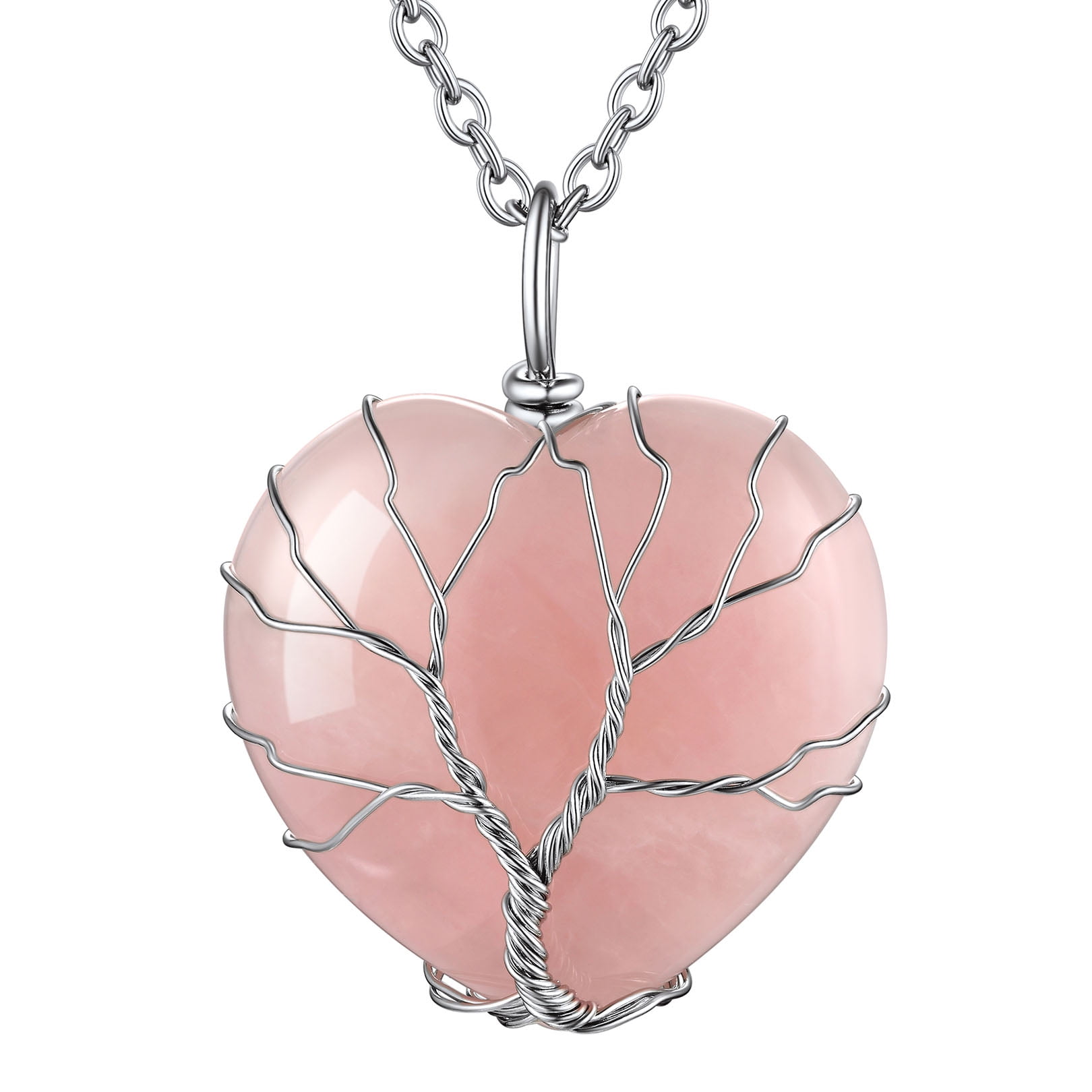FOCALOOK October Natural Rose Quartz Heart Birthstone Necklaces for Women Wire Wrapped Tree of ...