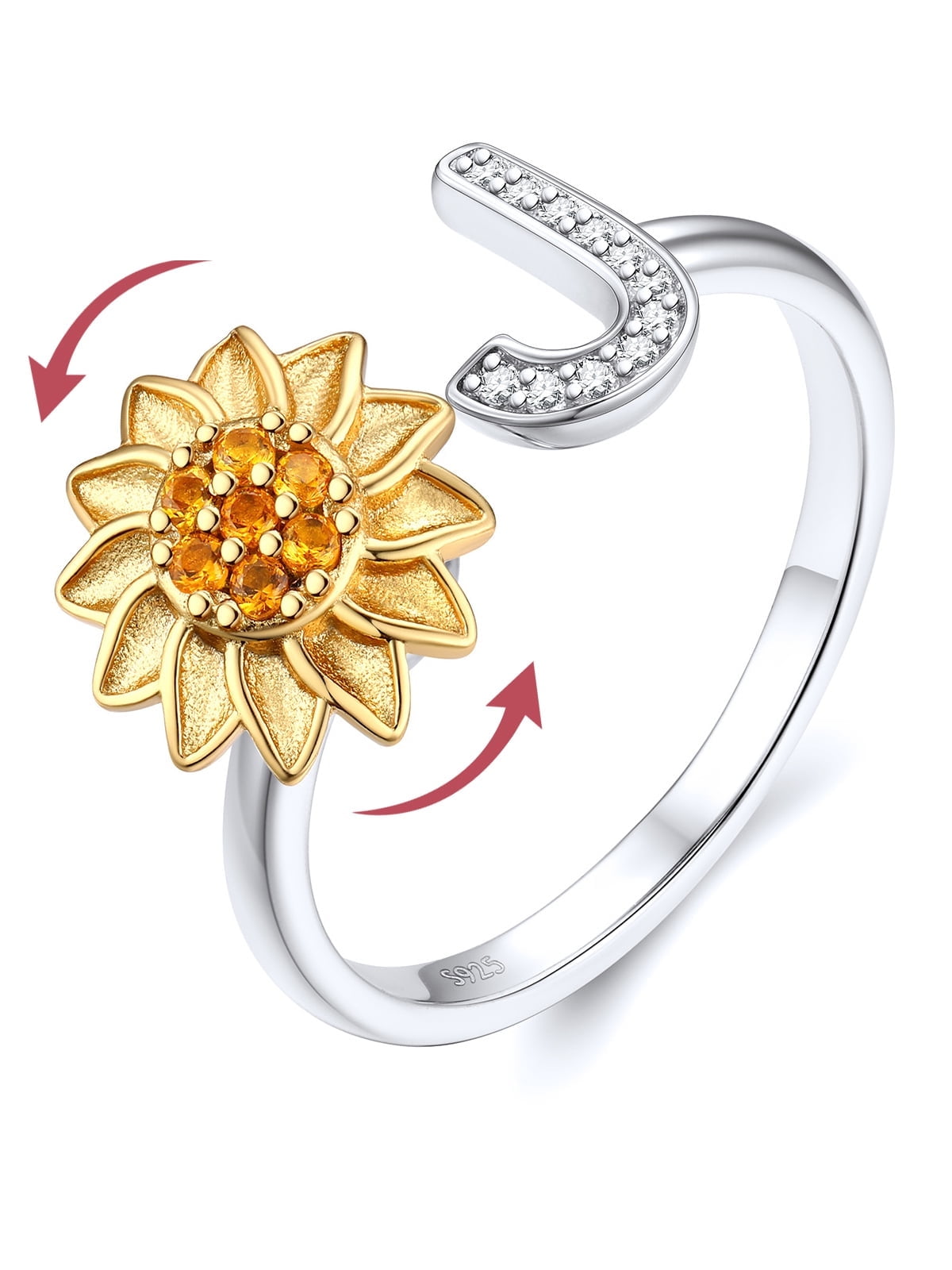 FOCALOOK Rotatable Sunflower Anxiety Ring for Women 925 Sterling Silver ...