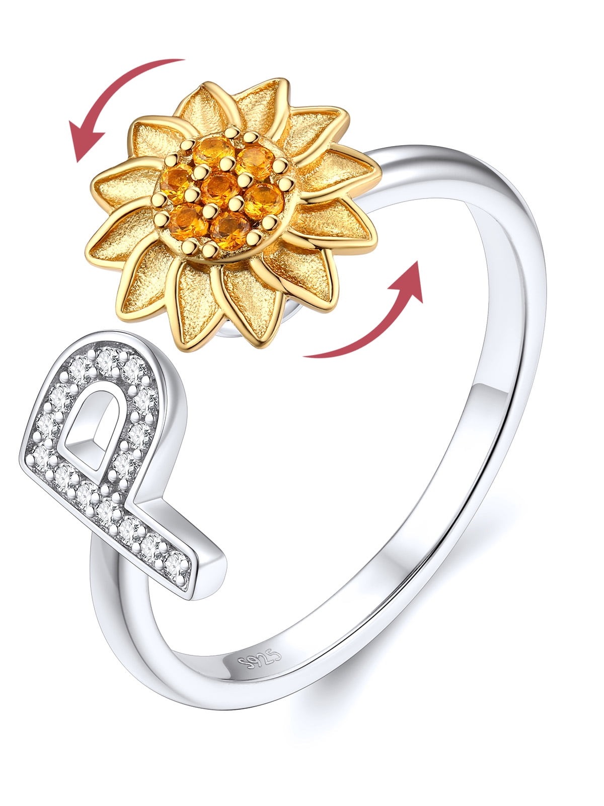 FOCALOOK Rotatable Sunflower Fidget Ring for Women 925 Sterling Silver ...