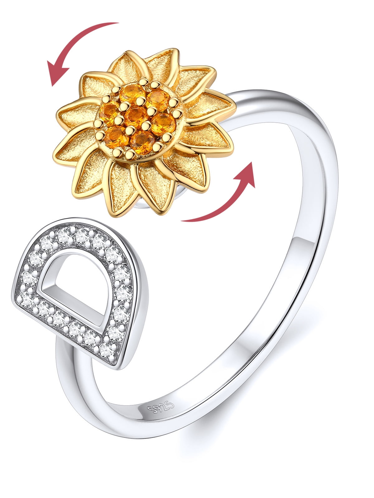 FOCALOOK Rotatable Sunflower Fidget Ring for Women 925 Sterling Silver Anxiety Ring Adjustable ...