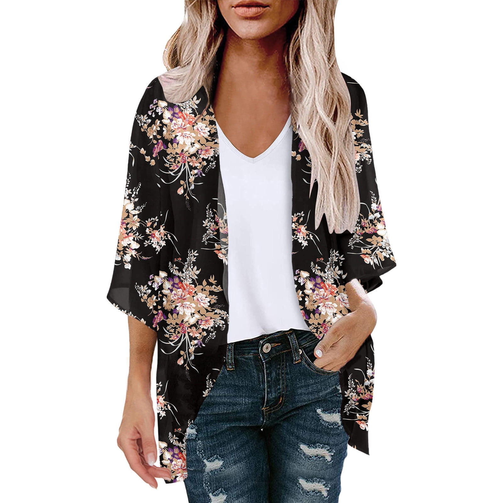 Foclmp Womens Summer Cardigans With Floral Printed 3 4 Sleeve Summer