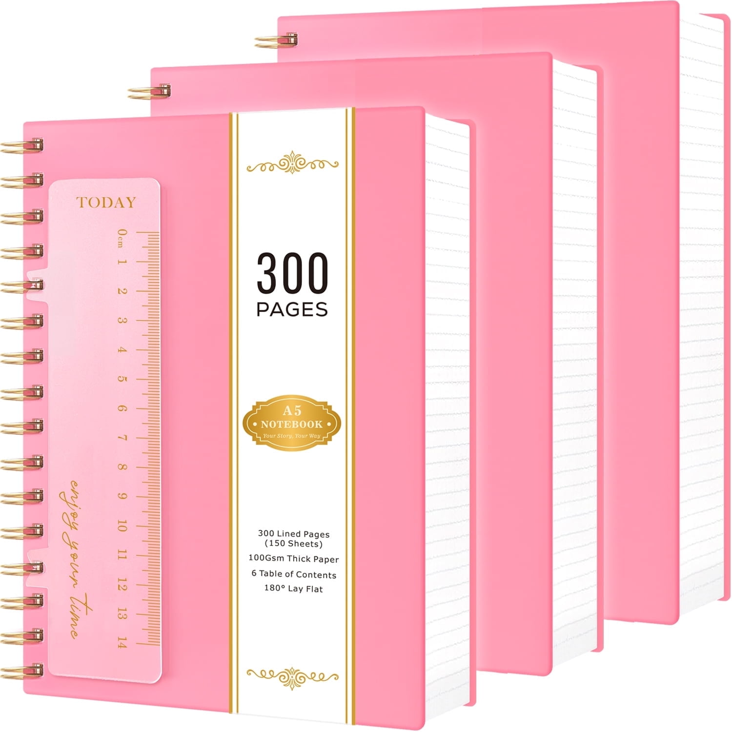 FOCUS DAY 3pcs A5 Spiral Notebooks with Bookmark, 300 Lined Pages ...