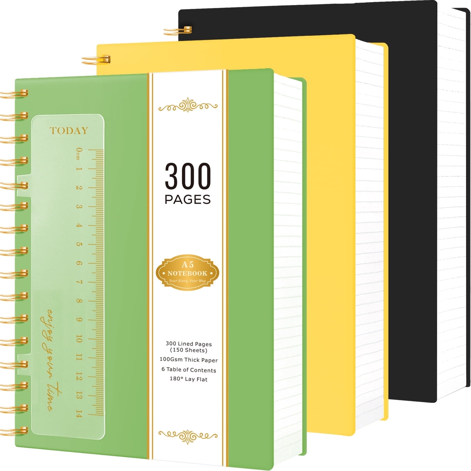 FOCUS DAY 3pcs A5 Spiral Notebooks with Bookmark, 300 Lined Pages ...