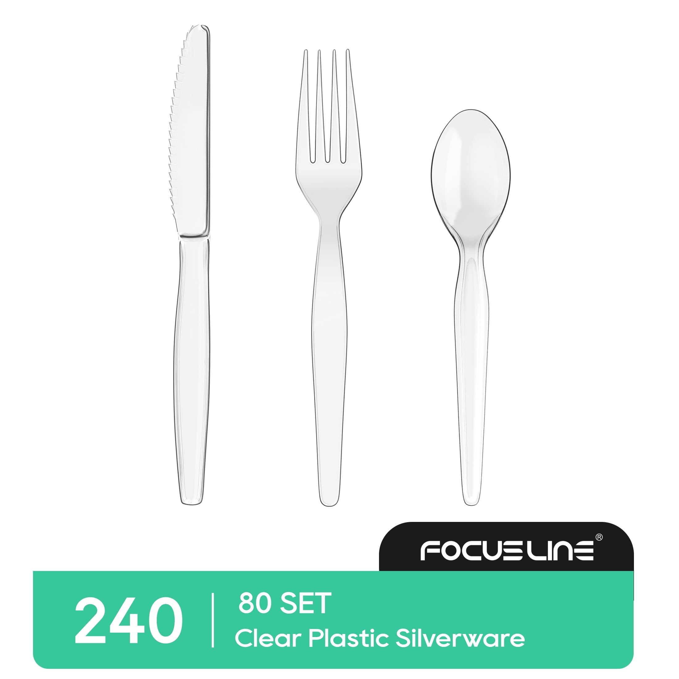 FOCUSLINE 240 Count Clear Plastic Silverware, 80 Forks, Knives and ...