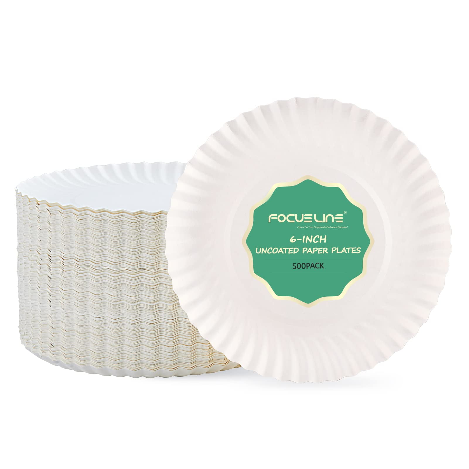 FOCUSLINE 6 Inch White MMF7 Paper Plates 500 Count, Uncoated Paper ...