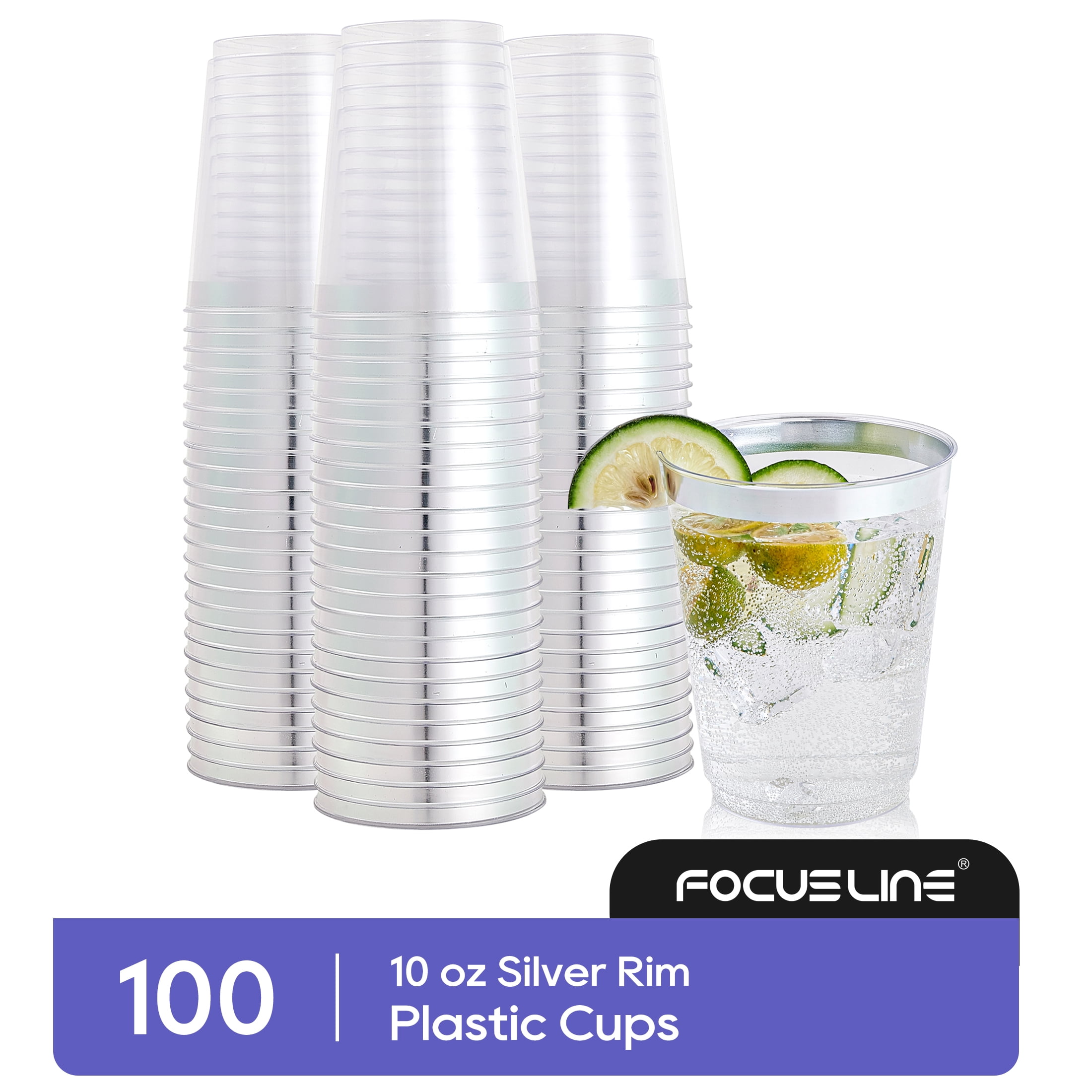 FOCUSLINE 10oz Silver Rimmed Disposable Plastic Cups, 100 Pack ...