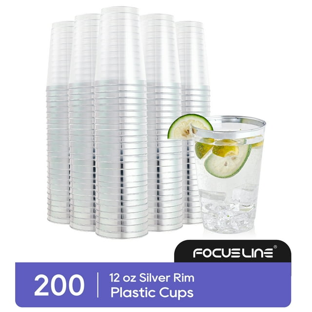 FOCUSLINE 12oz Clear Disposable Plastic Cups with Silver Rim, 200 Pack ...