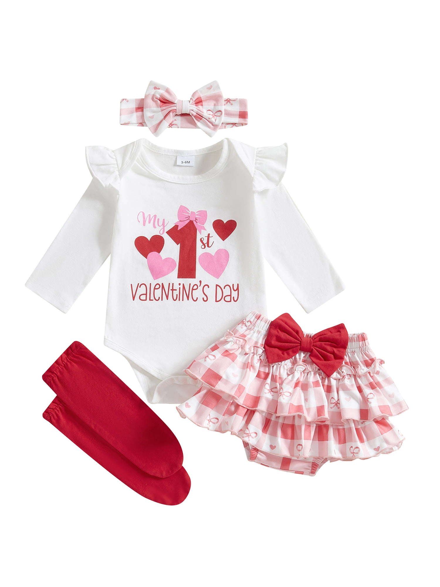 FOCUSNORM Baby Girl Valentines Day Outfit My First Valentines Day Romper Heart Ruffle Skirt Set ...