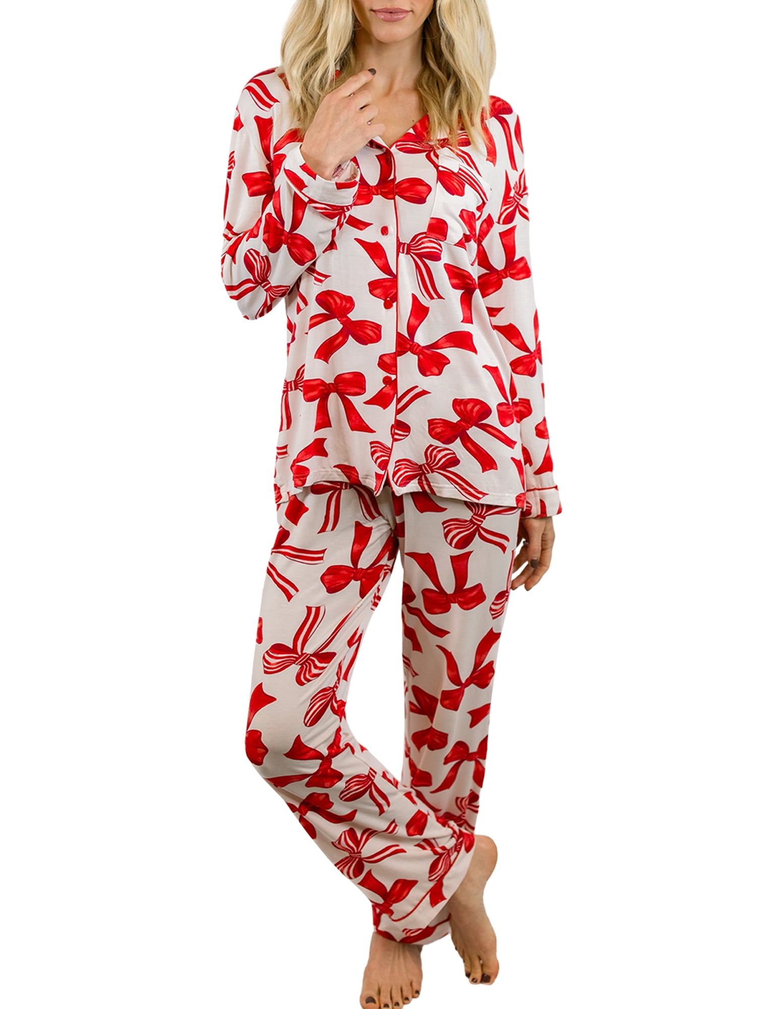 FOCUSNORM Bow Pajamas for Women Cute Print Long Sleeve Button Down ...