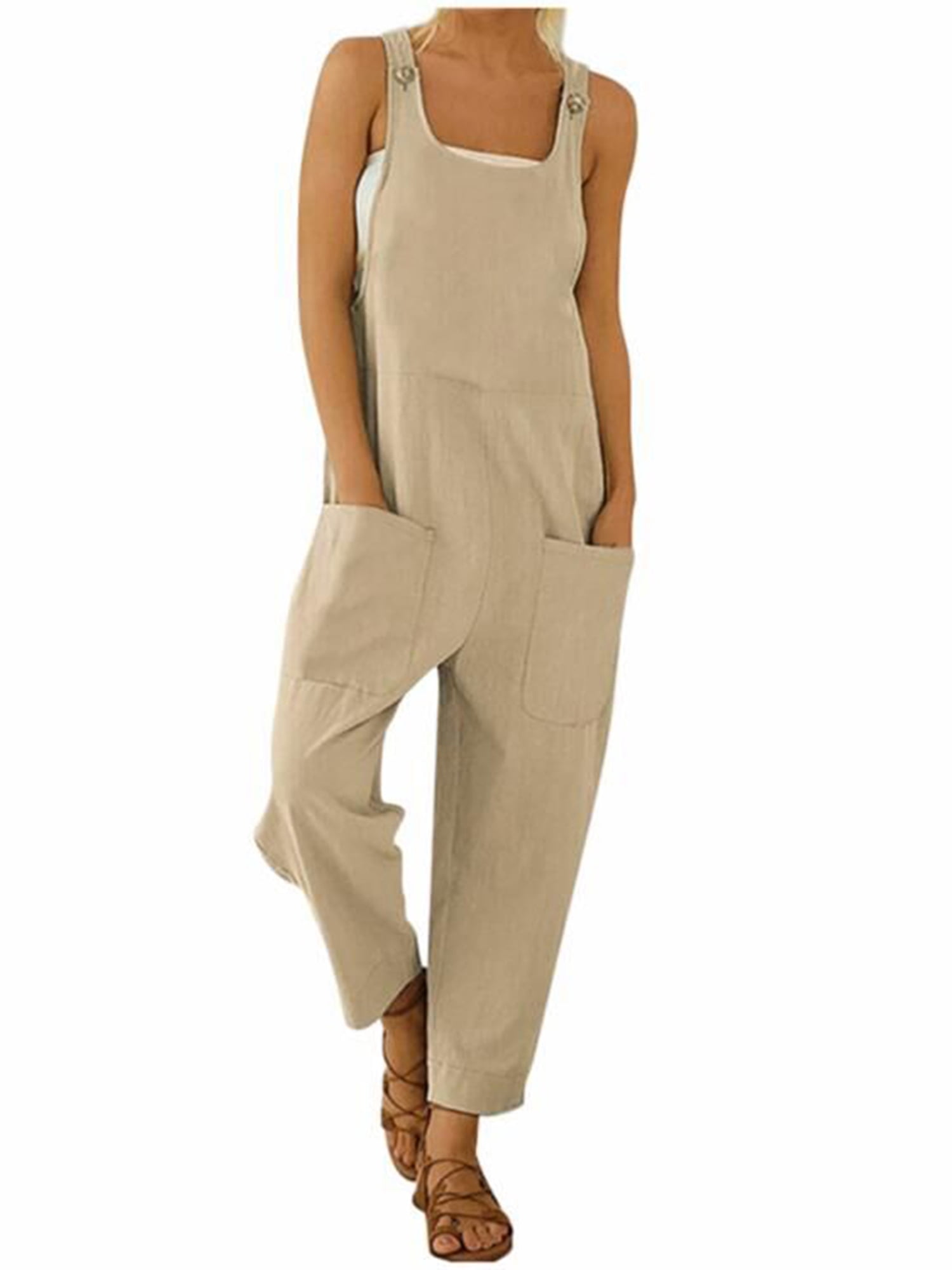 FOCUSNORM Jumpsuits For Women, Solid Color U-shaped Collar Sleeveless ...