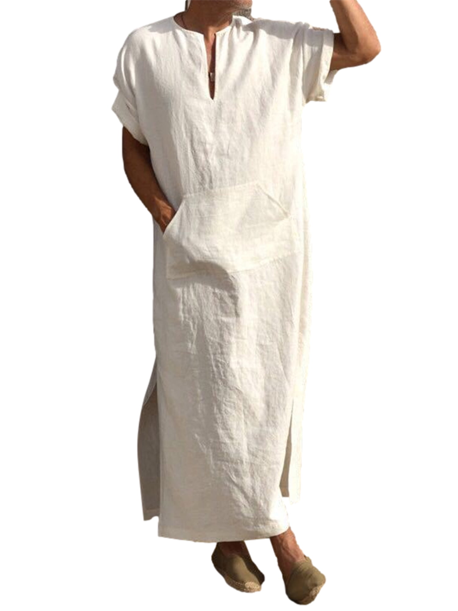 FOCUSNORM Men's V-Neck Short Sleeve Home Robe Side Split Kaftan Cotton ...