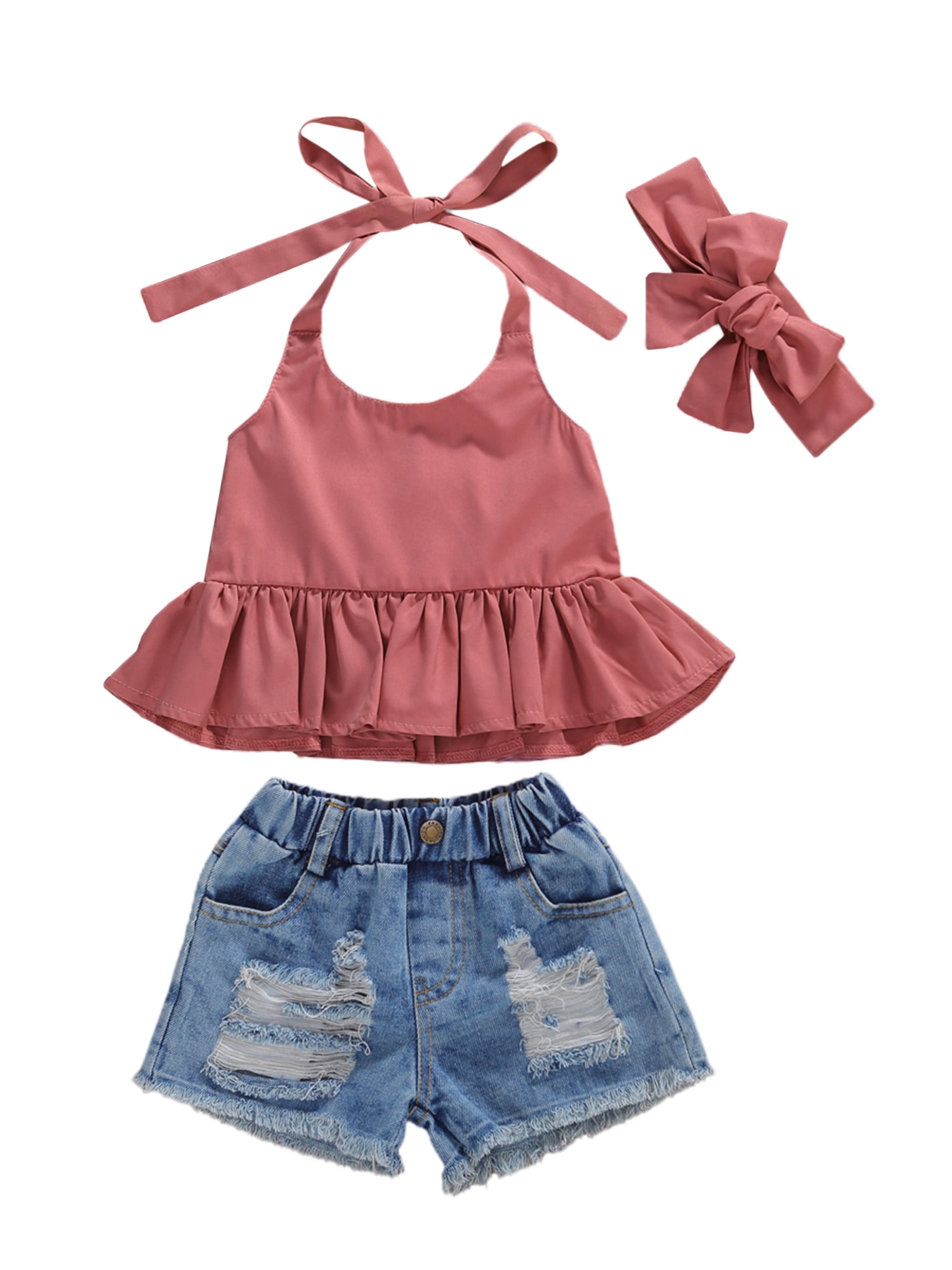 FOCUSNORM Toddler Baby Girl Ruffle Halter Crop Top+Ripped Denim Jeans ...