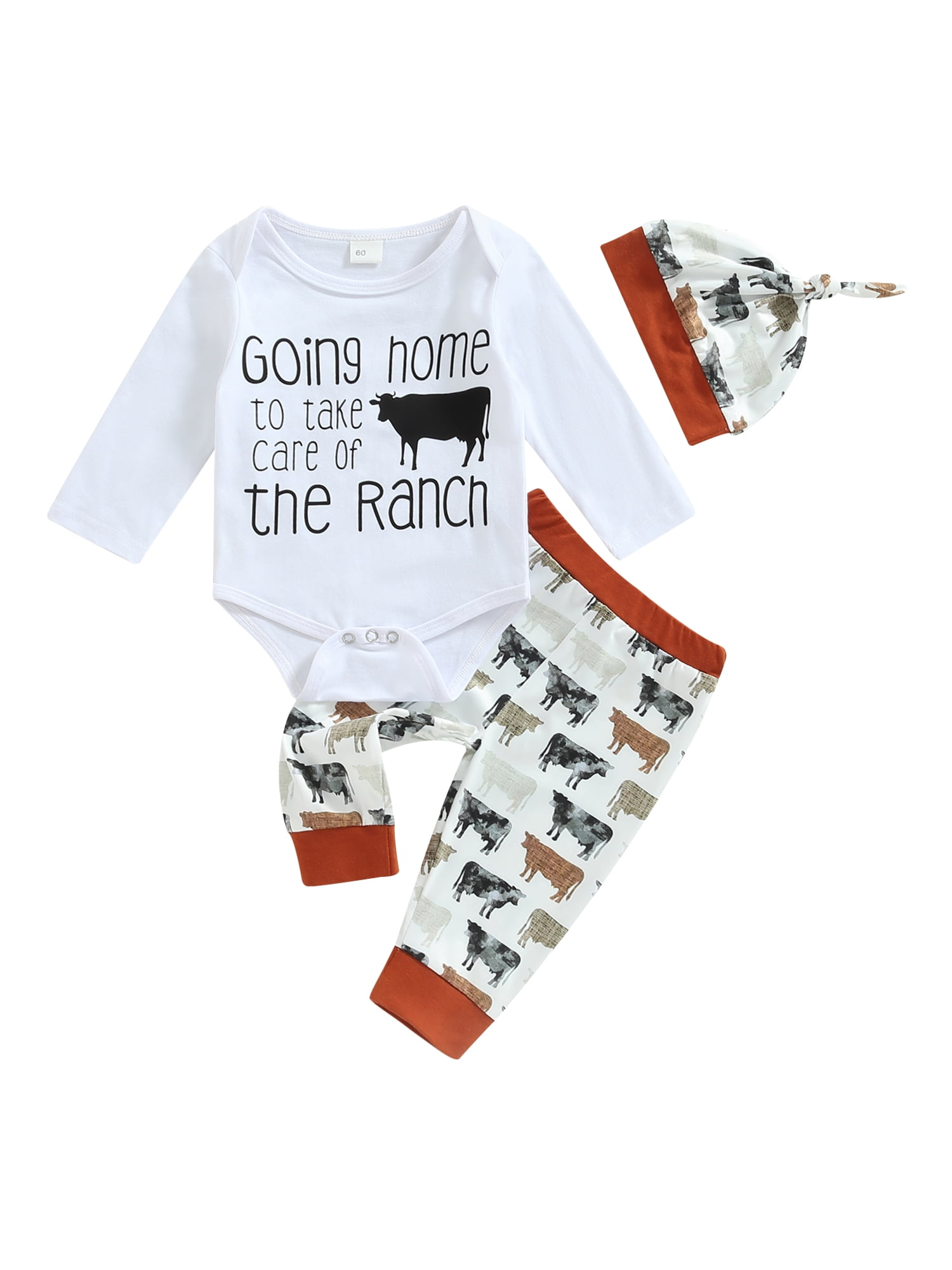 FOCUSNORM Western Baby Boy Girl Outfits Letters Print Long Sleeve Romper Bodysuit Cow Print ...