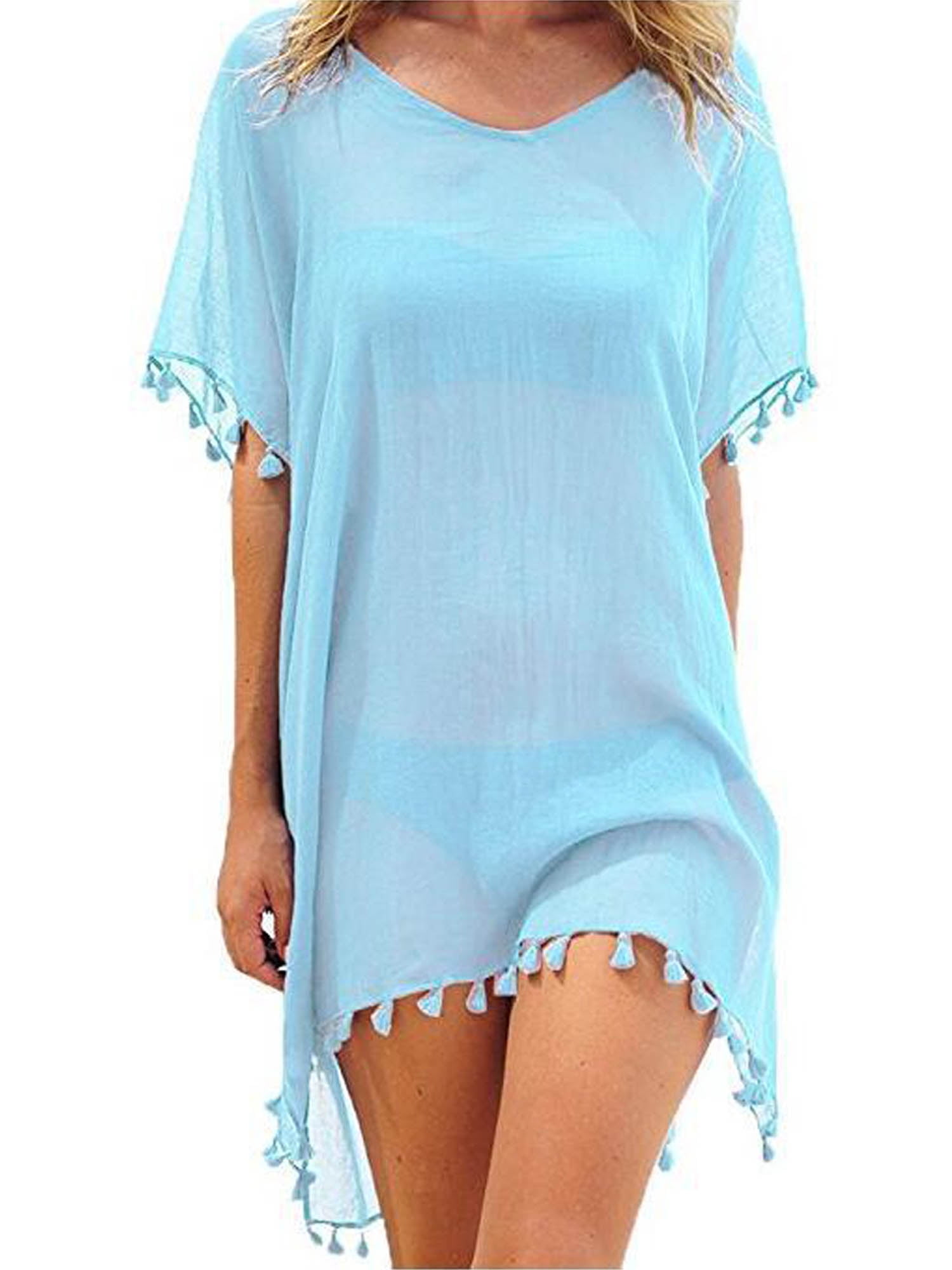 FOCUSNORM Women Beach Dress Solid Mesh Cover-Ups Beachwear Tassel ...