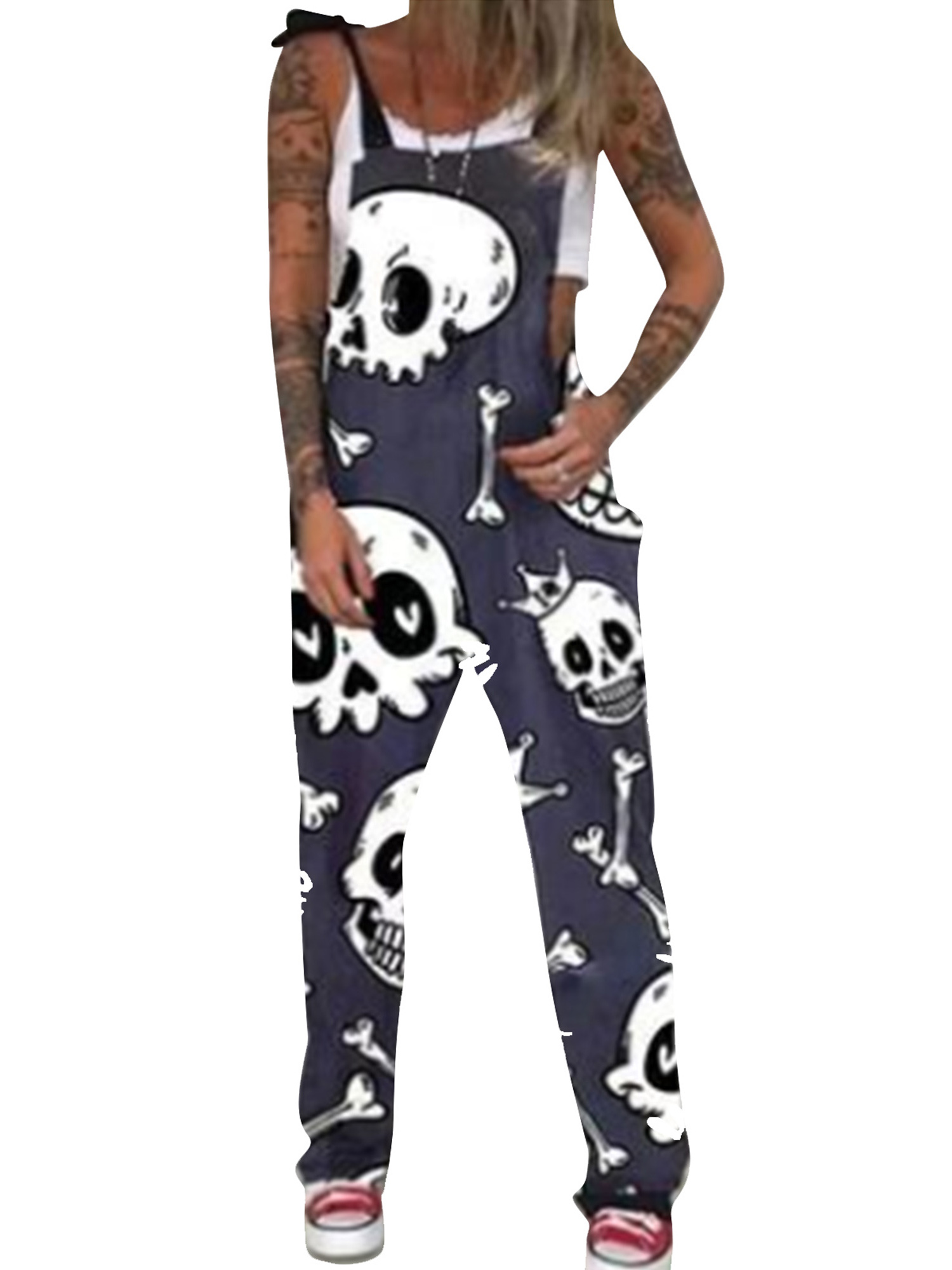 FOCUSNORM Women Casual Sleeveless Skull Printed Linen Overalls ...
