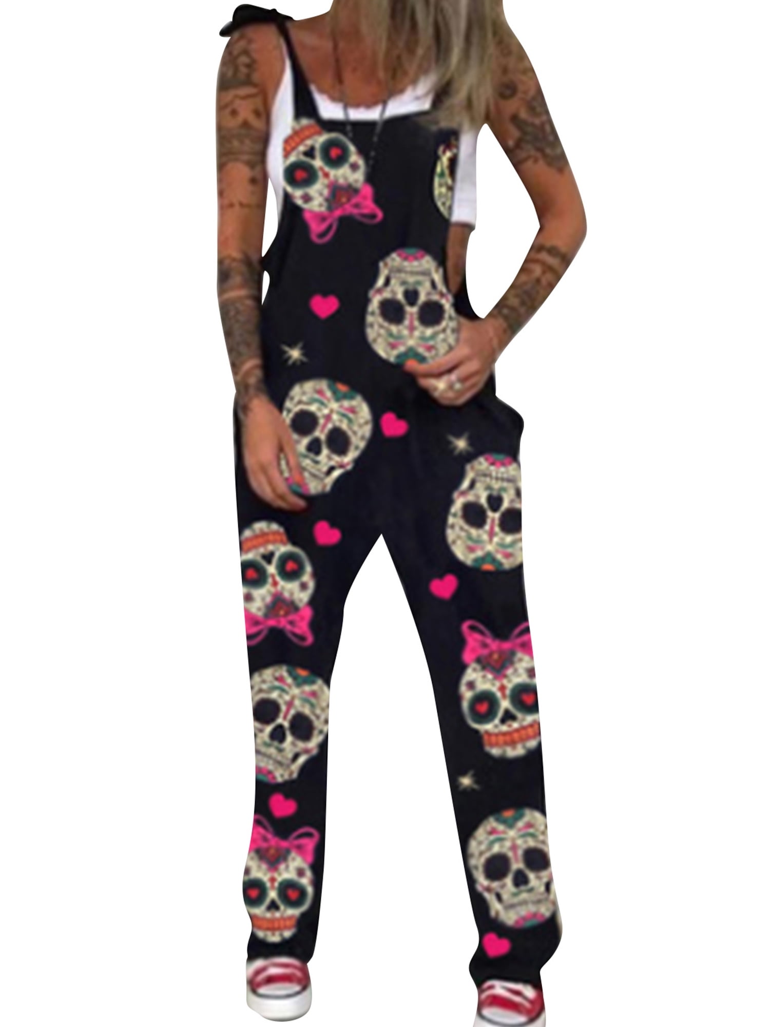 FOCUSNORM Women Casual Sleeveless Skull Printed Linen Overalls ...