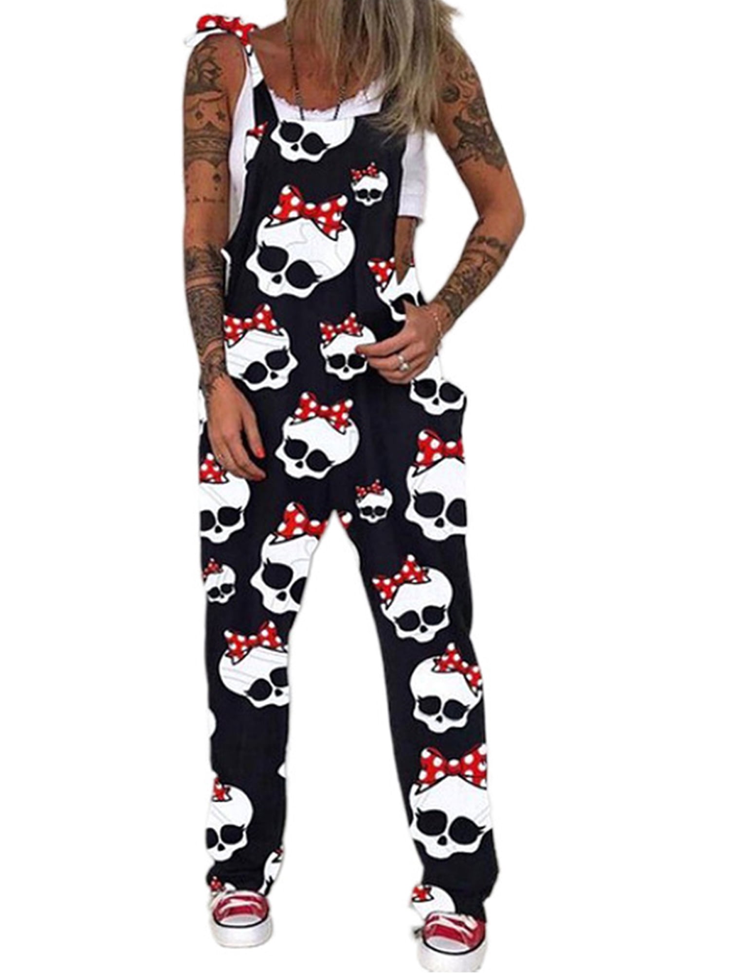 FOCUSNORM Women Casual Sleeveless Skull Printed Linen Overalls ...