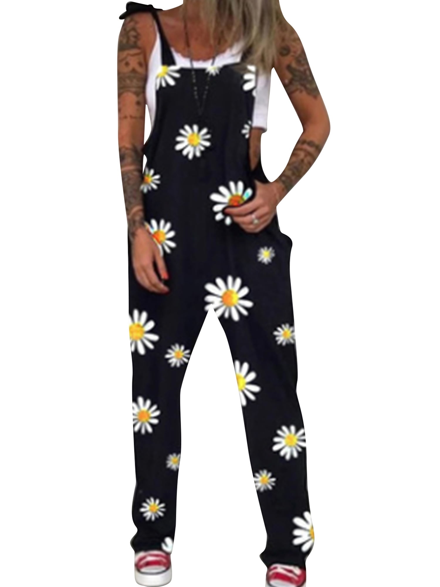 FOCUSNORM Women Casual Sleeveless Skull Printed Linen Overalls ...