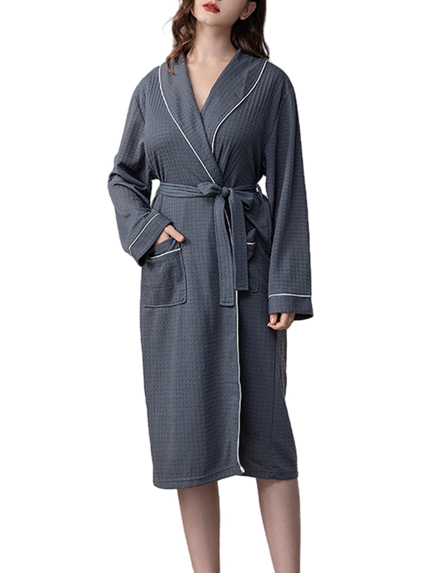 FOCUSNORM Women Dressing Gown Waffle Robe Patchwork Shawl Collar ...
