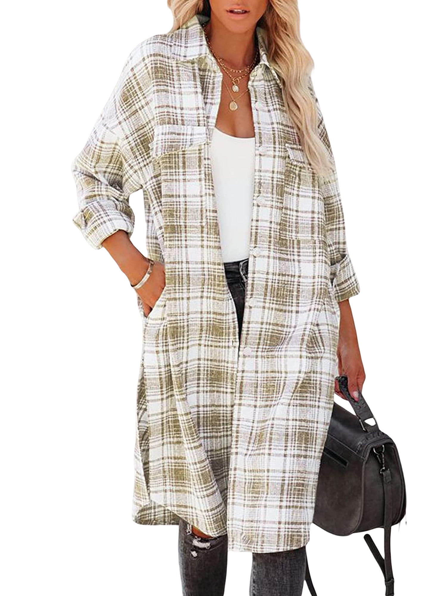 FOCUSNORM Women Fall Flannel Plaid Shacket Jacket Oversized Button Down ...