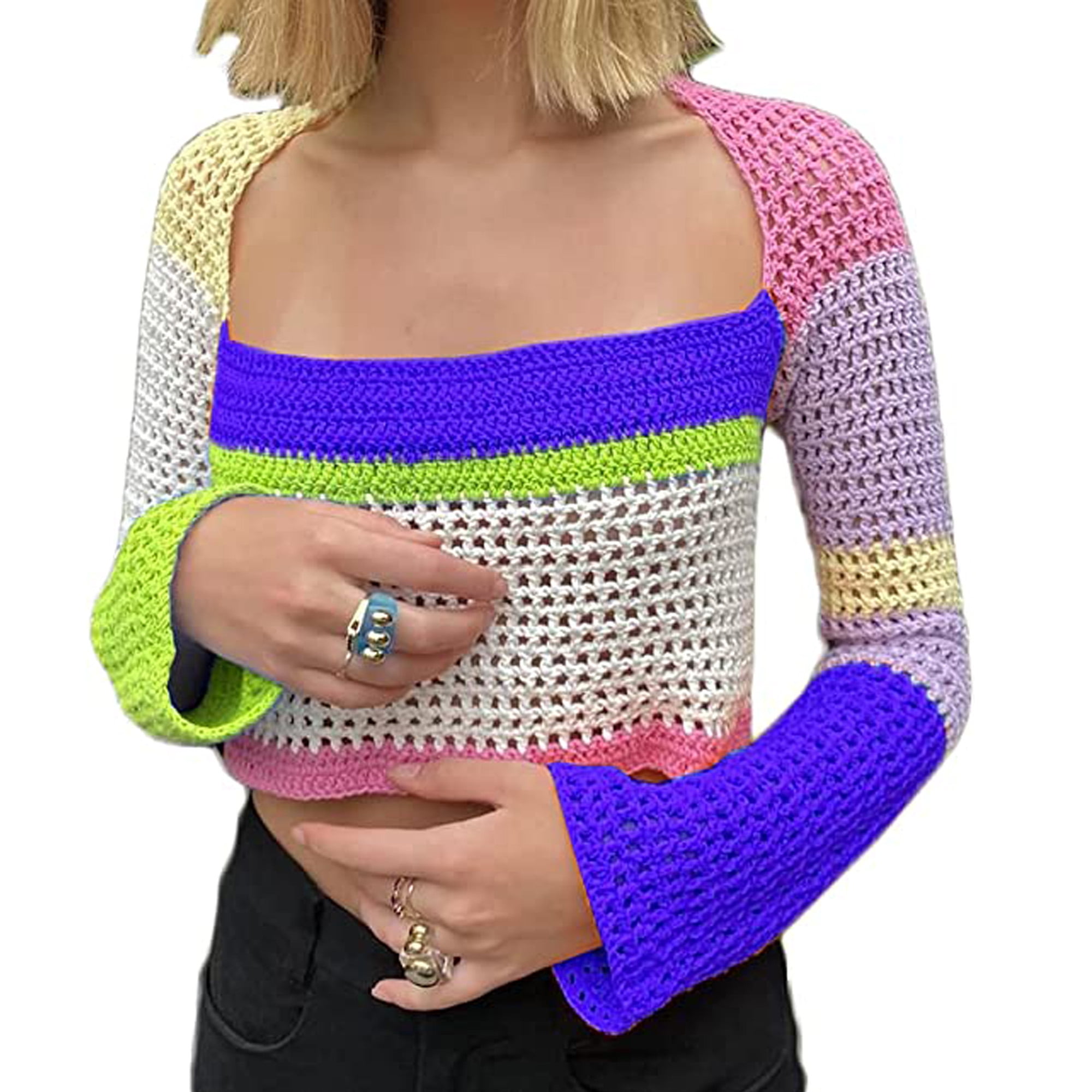 FOCUSNORM Women Hollow Out Crochet Knit Crop Top Y2k Color Block Tee ...
