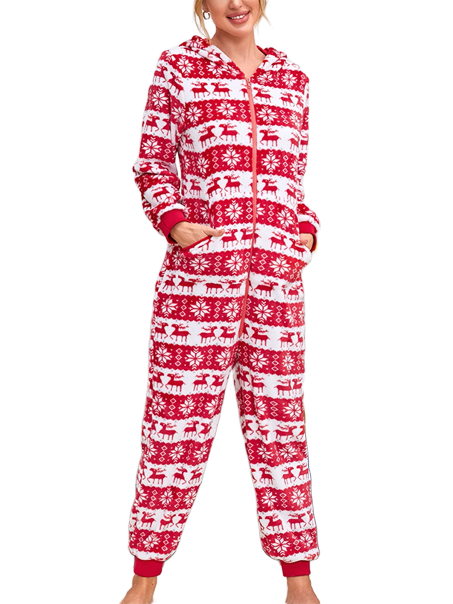 FOCUSNORM Women's Family Ugly One Piece Christmas Print Pajamas Hooded ...