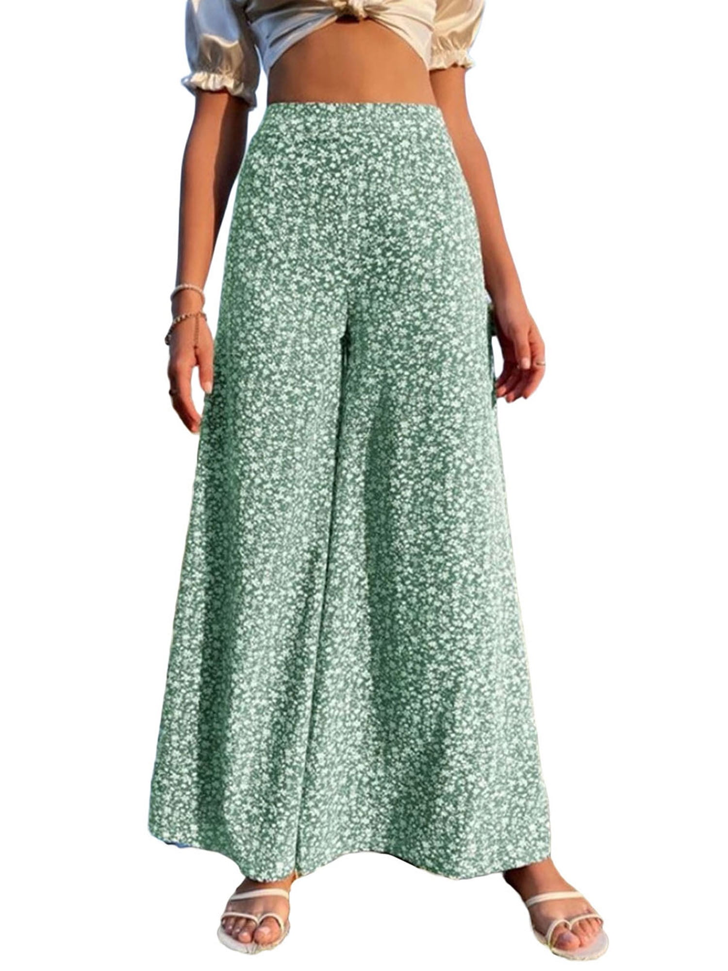 FOCUSNORM Women's Floral Print Wide Leg Palazzo Pants High Waisted ...