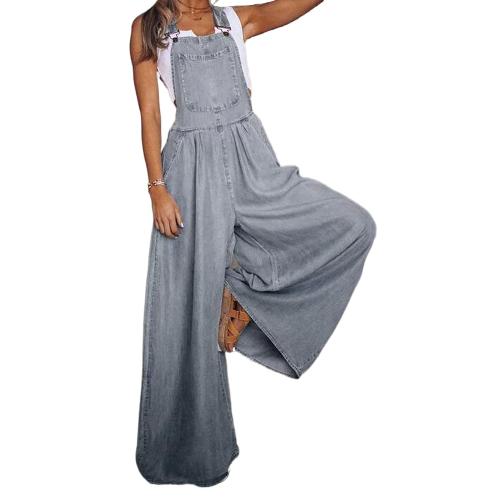 FOCUSNORM Womens Jumpsuits Plus Size Wide Leg Adjustable Bib Thin Denim ...