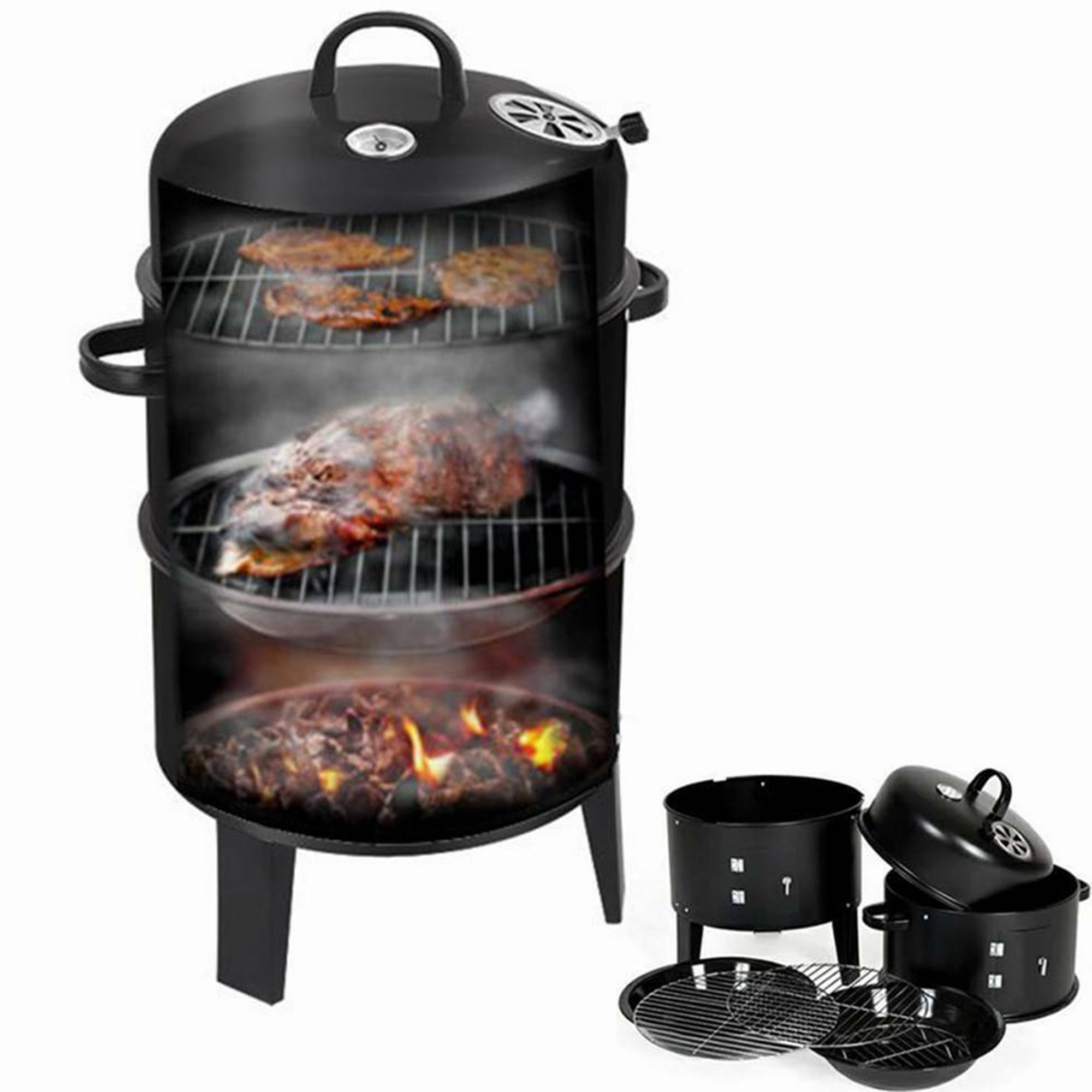 FOCUS Outdoor 3 IN 1 Vertical Charcoal BBQ Smoker, Round Grill with 2 ...