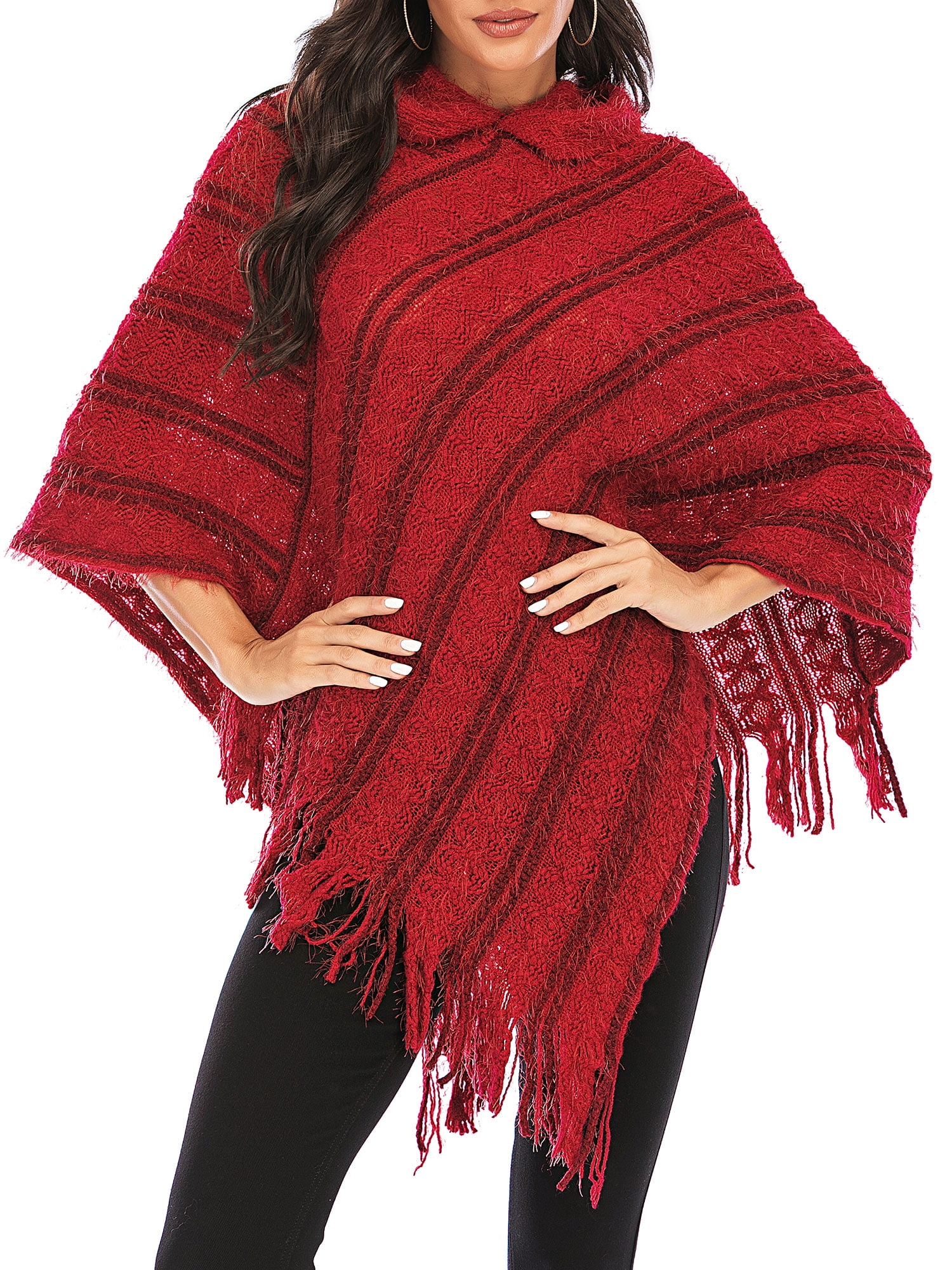 Focussexy Womens Pullover Poncho Sweater Soft Wrap Hooded Poncho Pullover Cape Irregular Hem