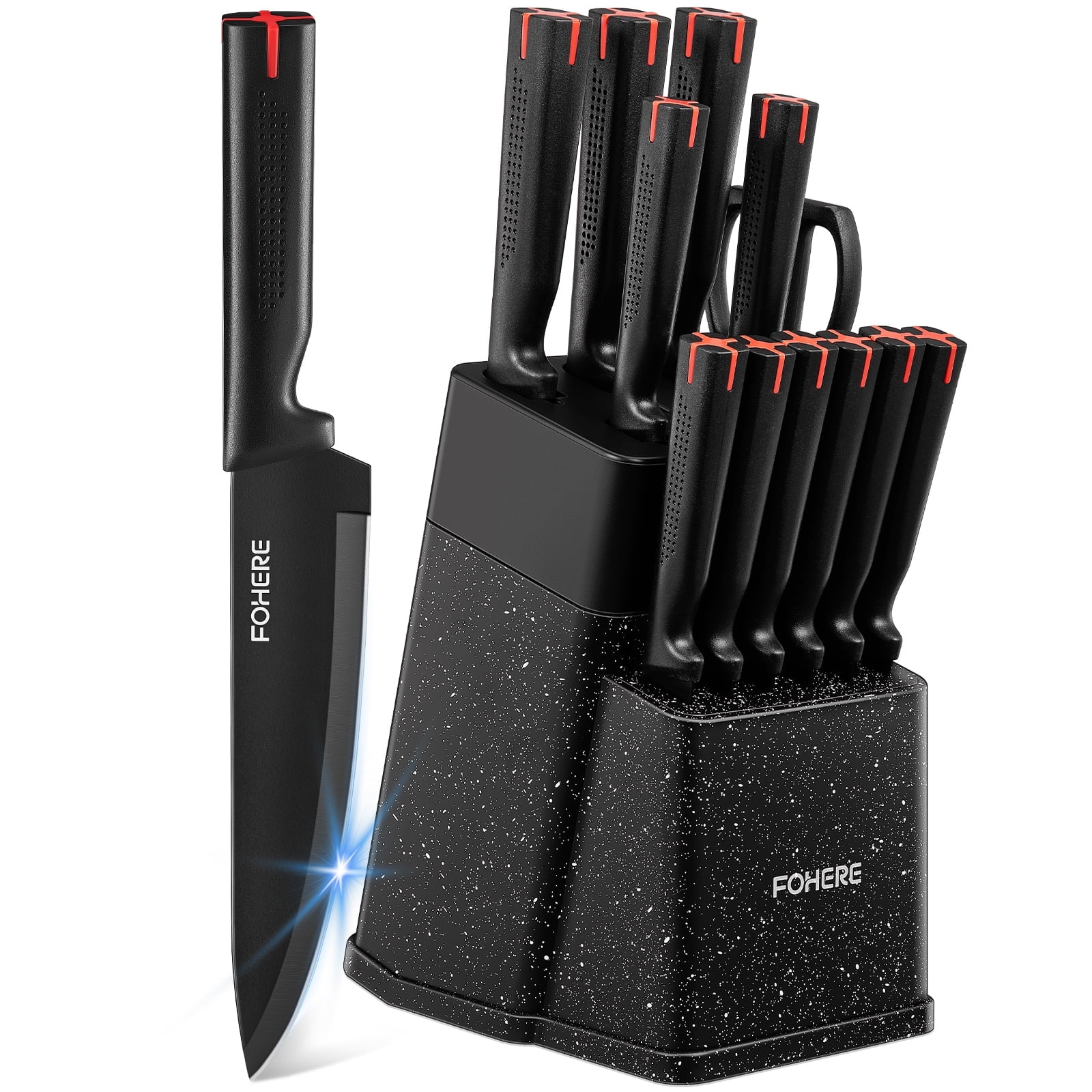 FOHERE Knife Set with Block, 13 Pieces Stainless Steel Kitchen Knives ...