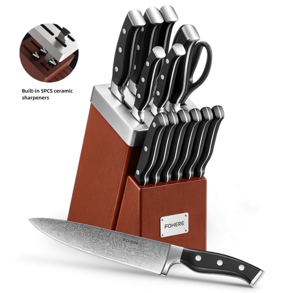 FOHERE 14-Piece Knife Set, Self-Sharpening, Ultra Sharp, Waved Texture ...