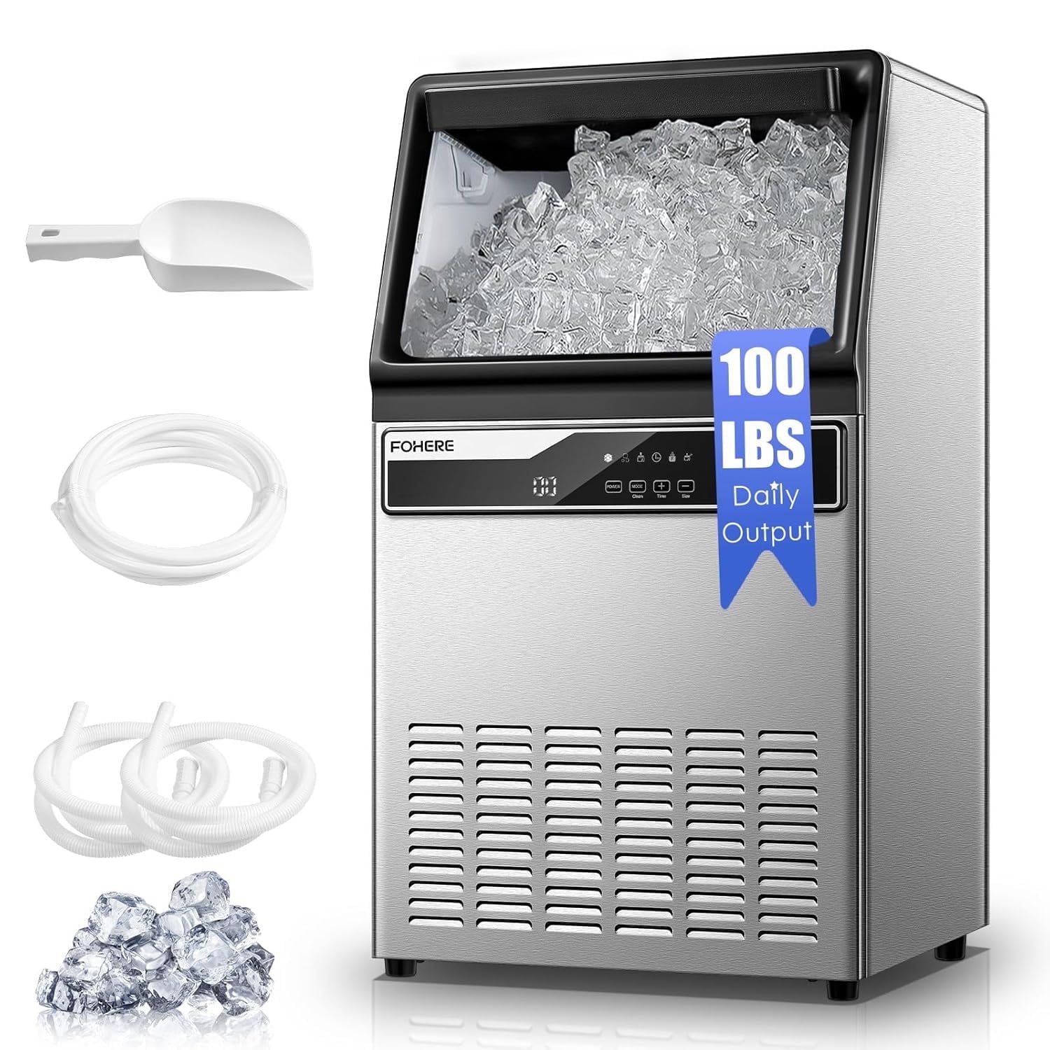 FOHERE Commercial Ice Maker, 100lbs Capacity, Auto-Clean, Stainless ...