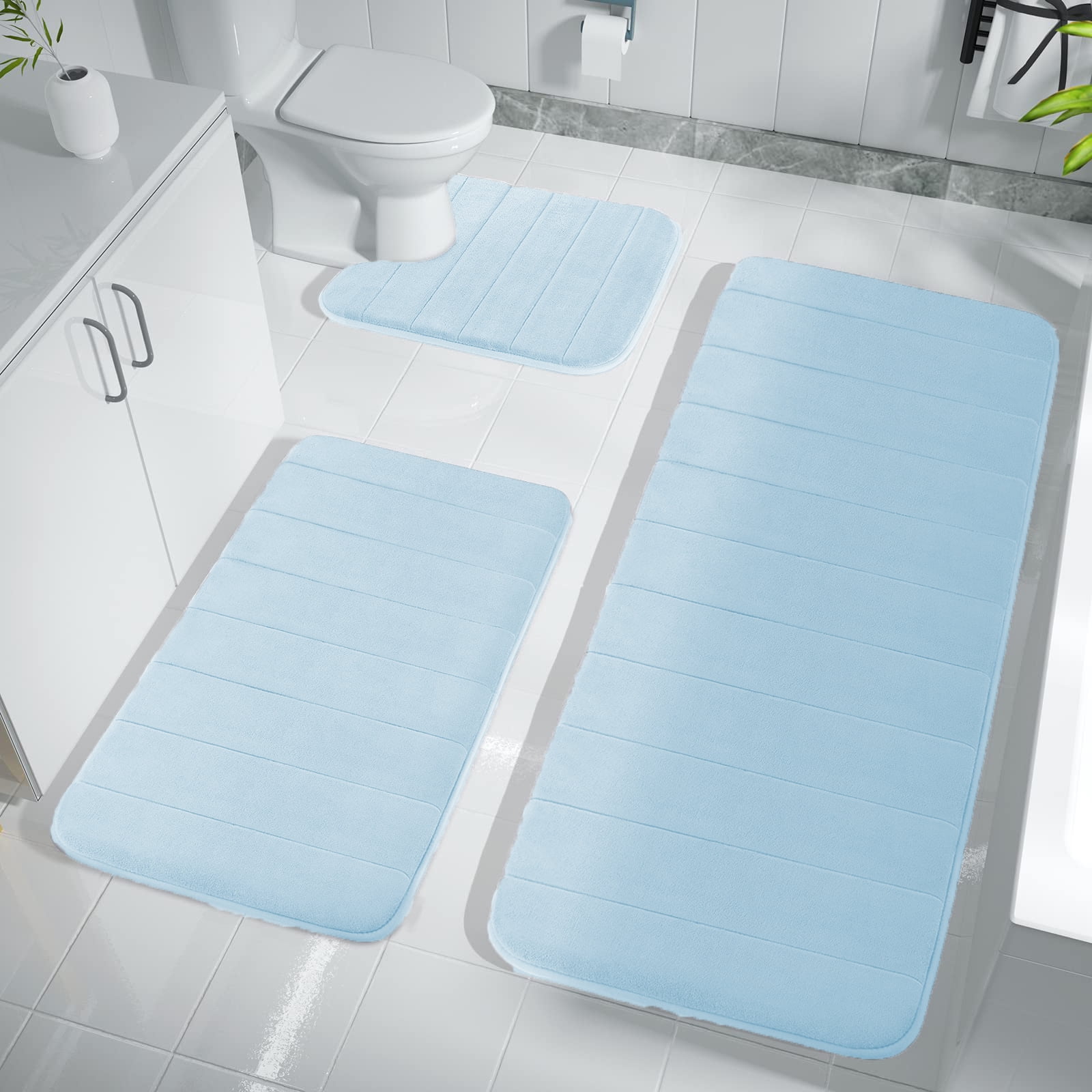 FOINWER Thick Memory Foam Bath Mat Set, Absorbent, Non-Slip, 3 Pieces ...