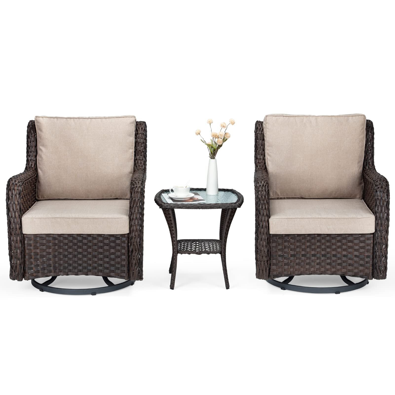FOLDLIFE 3-Piece Outdoor Rocking Wicker Bistro Set, 360° Swivel Rocker ...