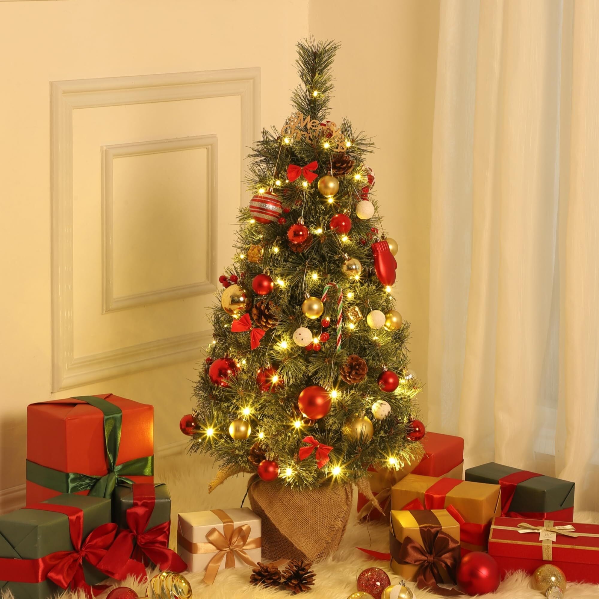 FOLDLIFE 3ft Mini Christmas Tree with Burlap Base, Pre-Lit Small ...