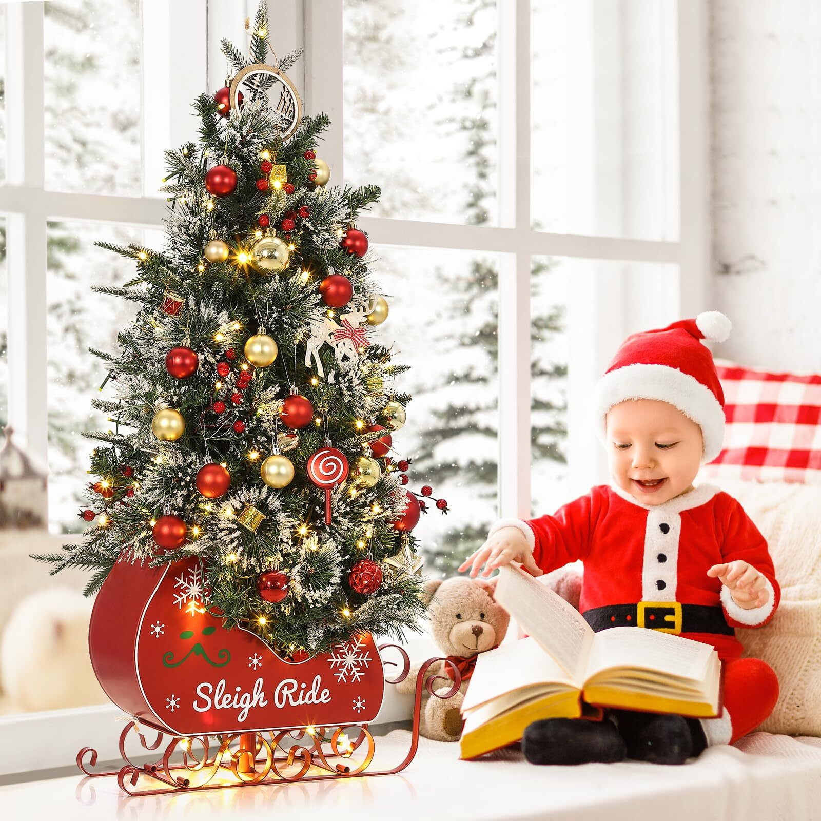 FOLDLIFE 3ft Pre-Lit Fiber Optic Artificial Christmas Tree with Sleigh Ride Base and Red Berries ...