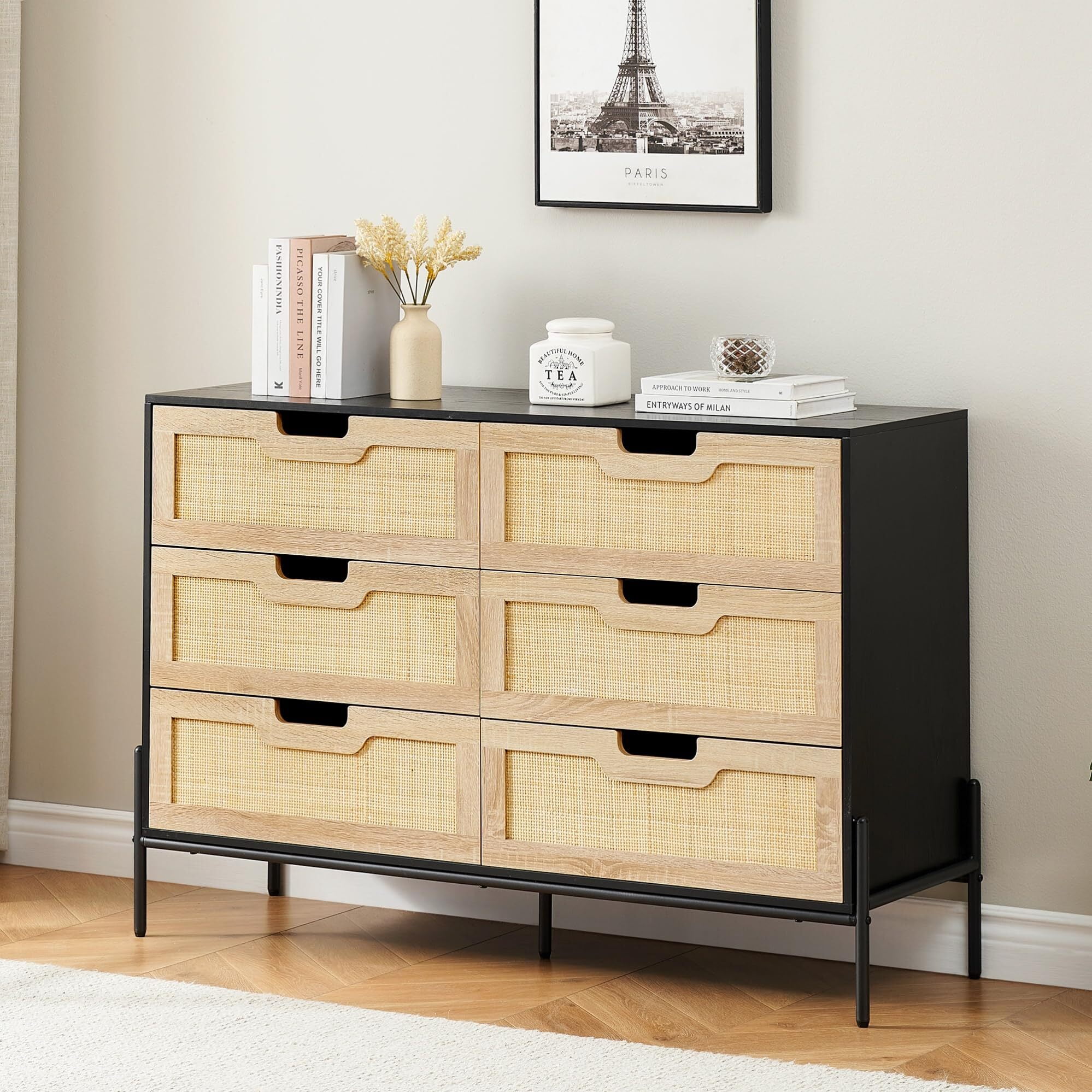 FOLDLIFE 6-Drawer Dresser with Natural Rattan Fronts, Spacious Wood ...