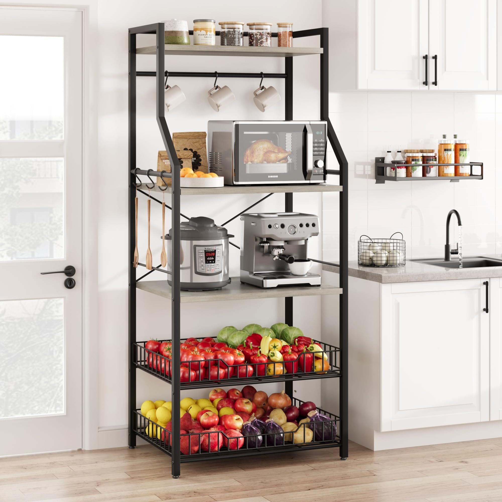FOLDLIFE Baker Racks Kitchen with Open Storage Shelves and 2 Large Wire ...