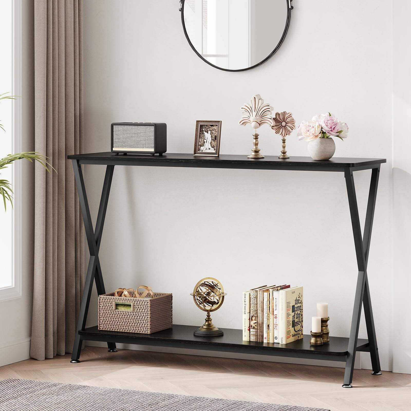 FOLDLIFE Black Slim Console Table with Storage，Wood 2-Tier Industrial ...